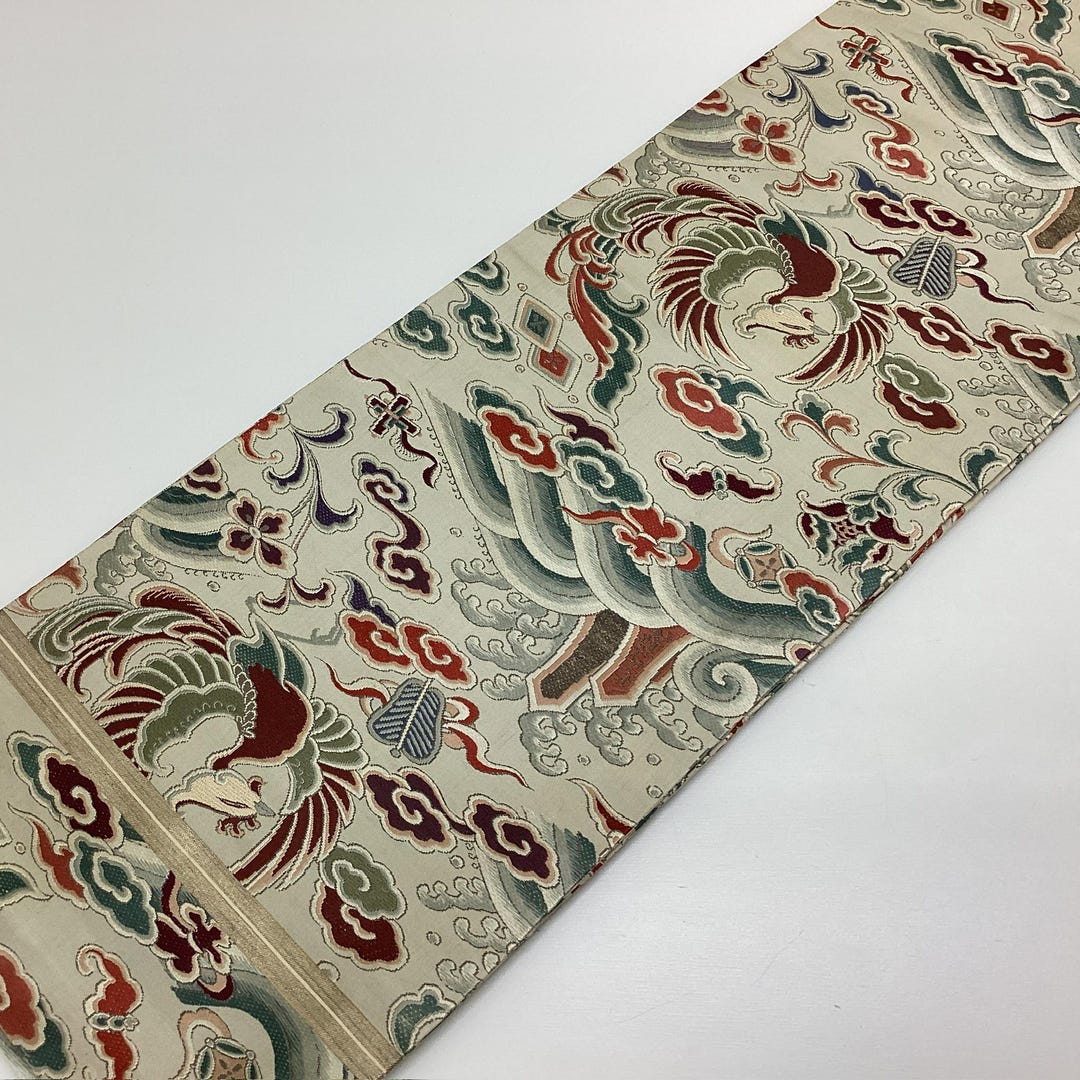 K253 Vintage Silk Kimono Obi Belt 'fukuro-obi' 1940s Moss Green Embroidery / Chinese Phoenix ...