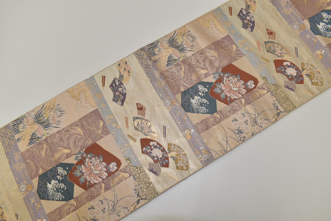 Y39 Vintage Silk Kimono Obi Belt 'fukuro-obi' Ivory Gold Silver ...