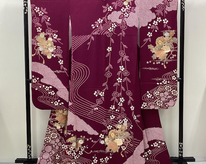 K193 Vintage Silk Wedding Kimono (furisode): Dark Red Purple Gold ...