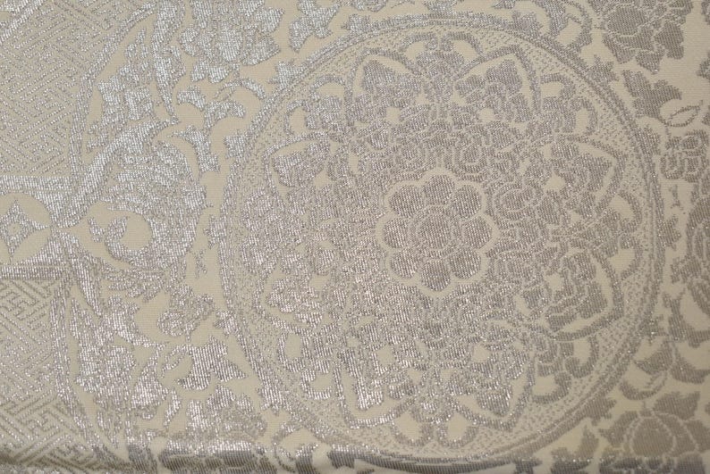 Y124 Vintage Silk Kimono Obi Belt 'fukuro-obi' White Platinum / Round Flower Geometric Coffered ...