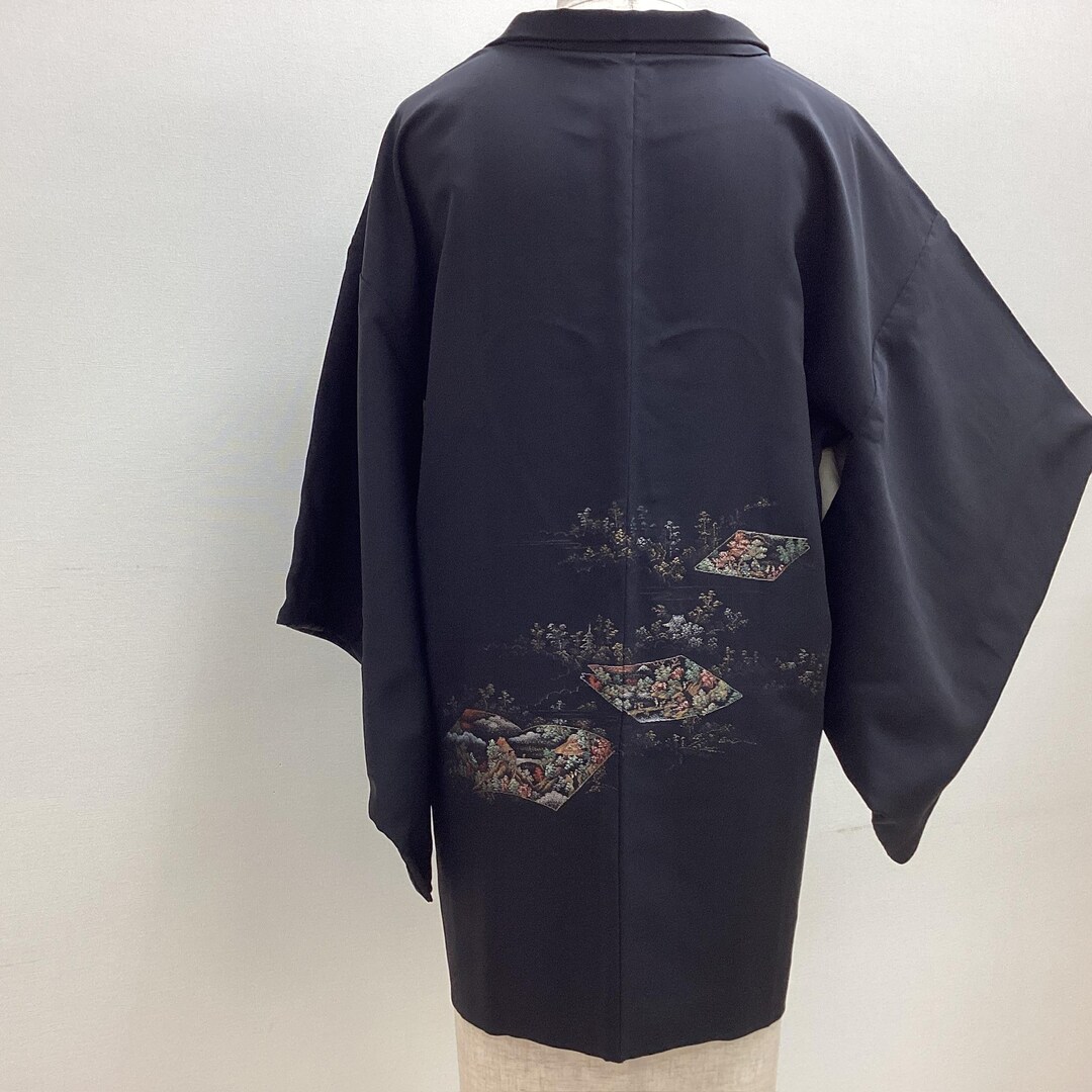 K170 Vintage Silk Kimono Haori Jacket : Black Gold Silver Jacquard ...