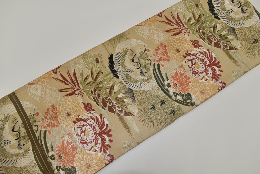 Y44 Vintage Silk Kimono Obi Belt 'fukuro-obi' 1940s Beige Embroidery ...