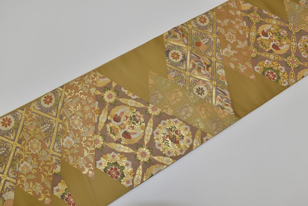 Y552 Vintage Silk Kimono Obi Belt 'fukuro-obi' Beige Gold by Embroidery / Round Flower Phoenix ...