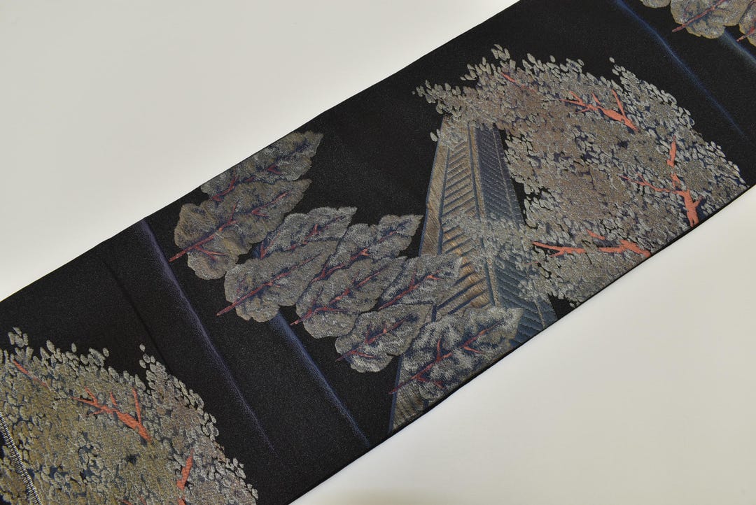 Y741 Vintage Synthetic Kimono Obi Belt 'fukuro-obi' Black Silver Lame ...