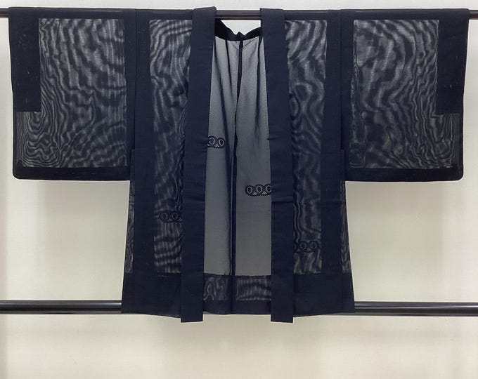 K307 Vintage Silk Kimono Haori Jacketro : Black Drawn Work Embroidery ...
