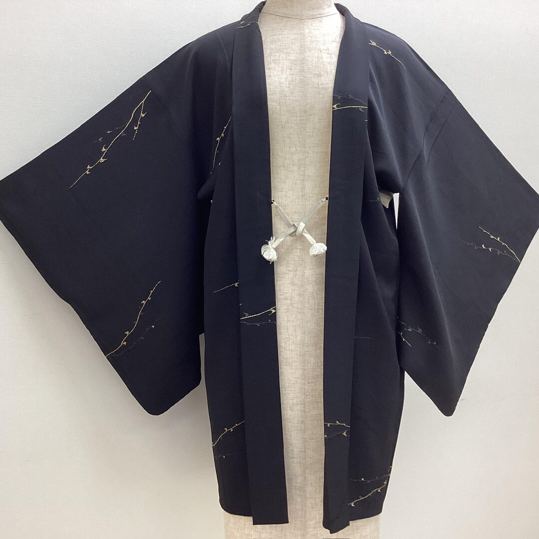 K604 Vintage Silk Kimono Haori Jacket : Black Gold Silver Processing ...