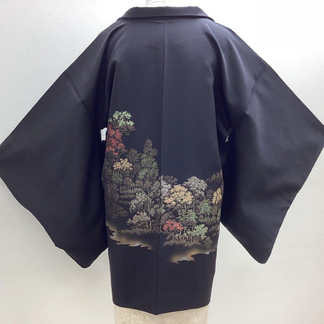 K29 Vintage Silk Kimono Haori Jacket : Black Gold Silver Processing ...