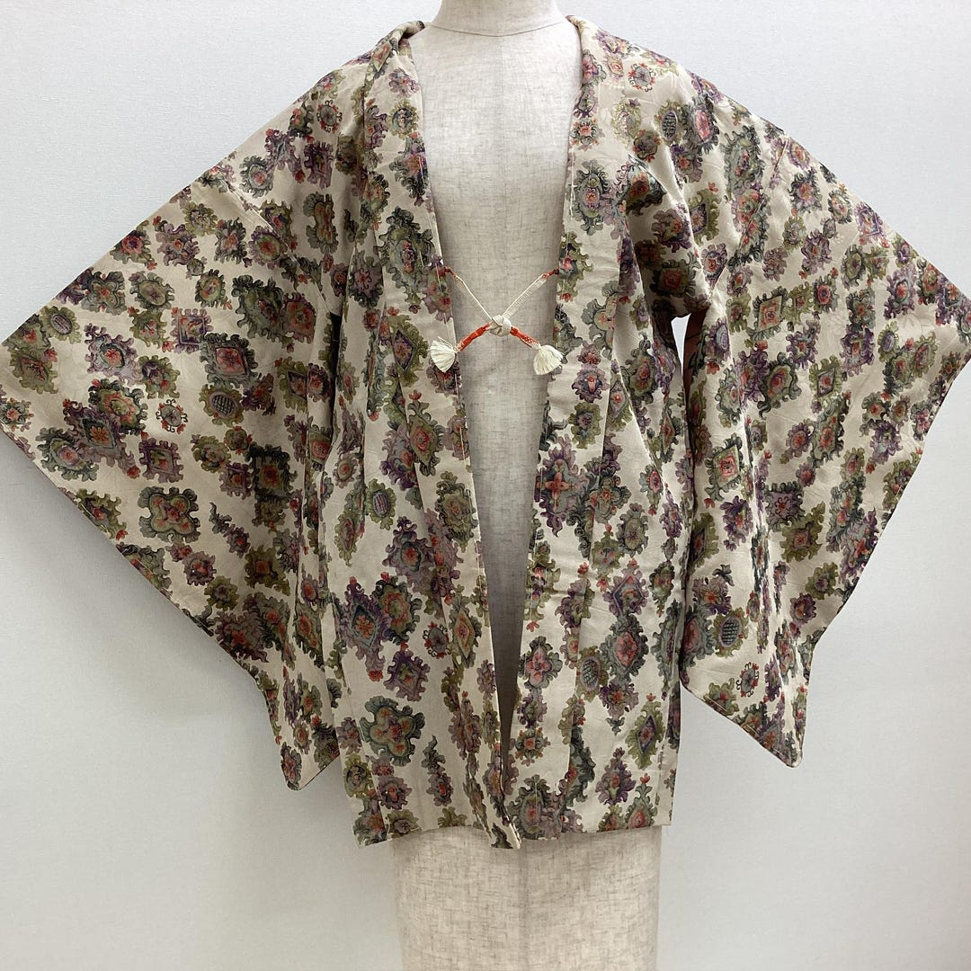 K308 Vintage Silk Kimono Haori Jacket : Light Beige Gold Processing ...