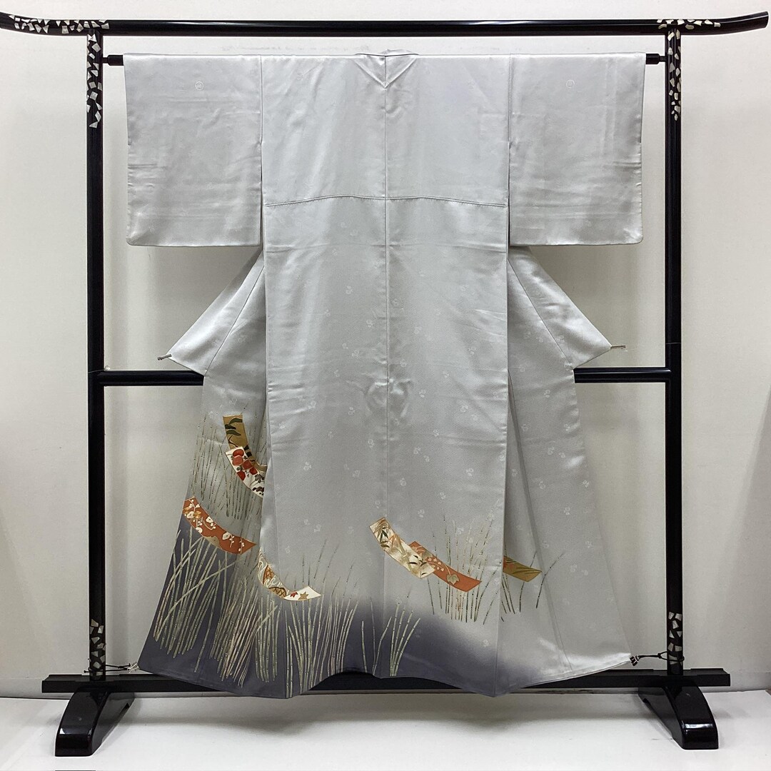 K492 Vintage Silk Wedding Kimono irotomesode: Light Grey Gradation Gold Embroidery / Plants ...