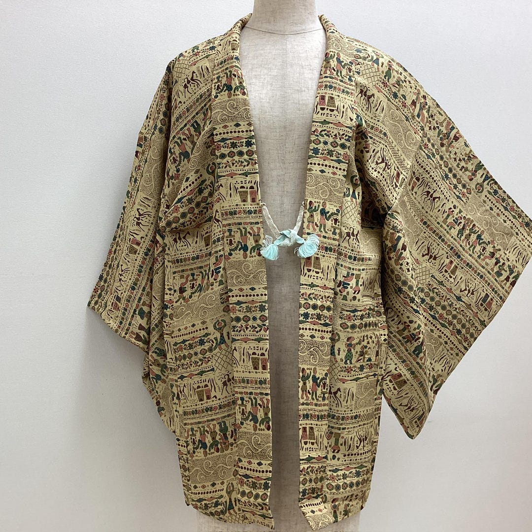 K305 Vintage Silk Kimono Haori Jacket : Yellow Beige / Egyptian Murals Horizontal Stripes - Etsy