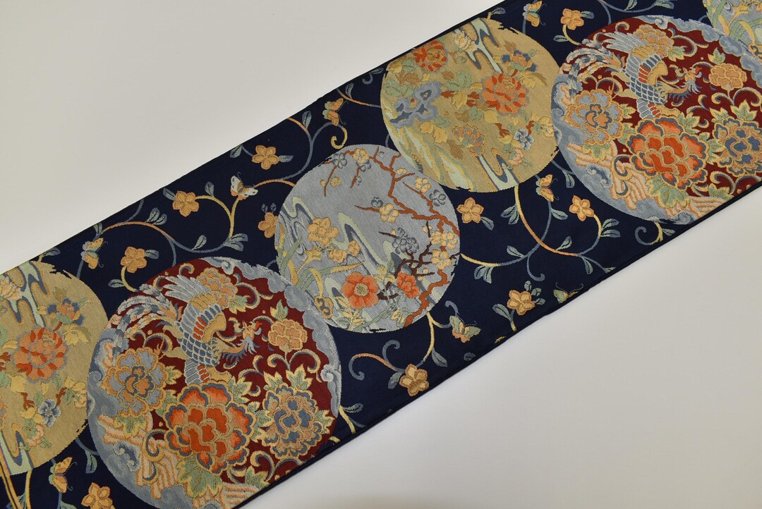 Y100 Vintage Silk Kimono Obi Belt 'fukuro-obi' Navy Gold Processing / Round Swallowtail ...
