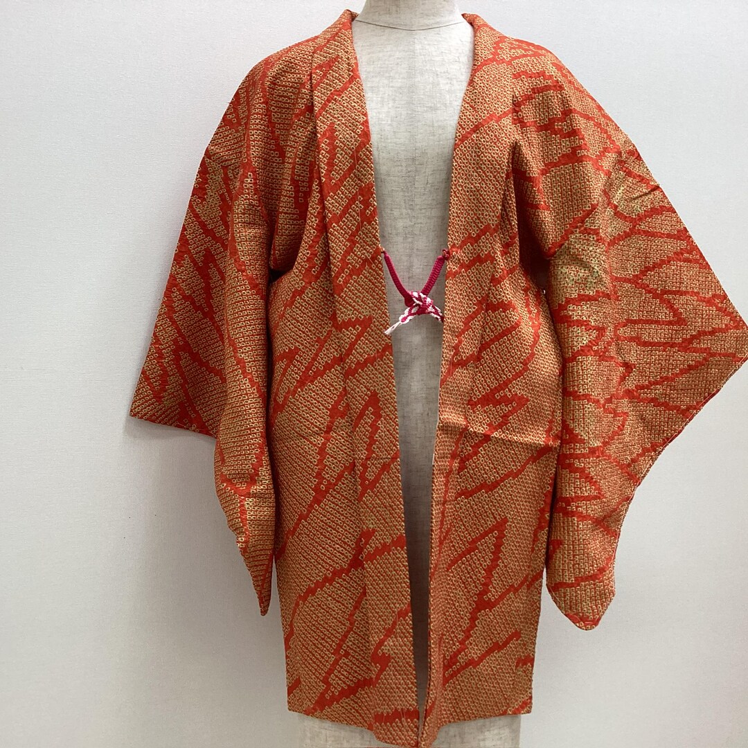 K407 Vintage Silk Kimono Haori Jacket : Red Orange Shibori / Kanoko-dot ...