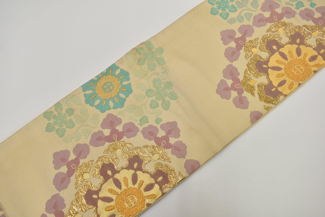 Y112 Vintage Silk Kimono Obi Belt 'fukuro-obi' Light Beige Gold ...