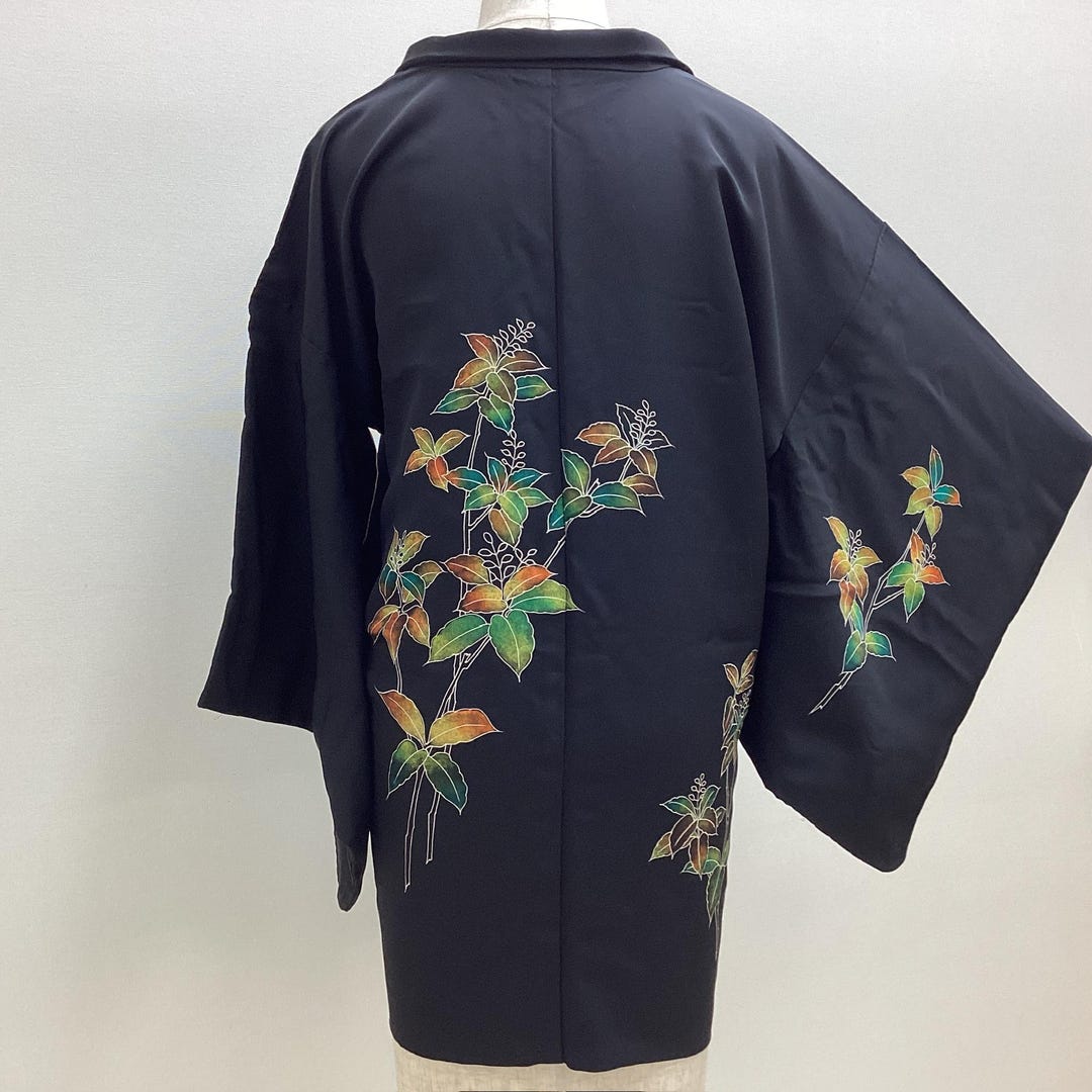 K383 Vintage Silk Kimono Haori Jacket : Black Gold Processing / Hand ...