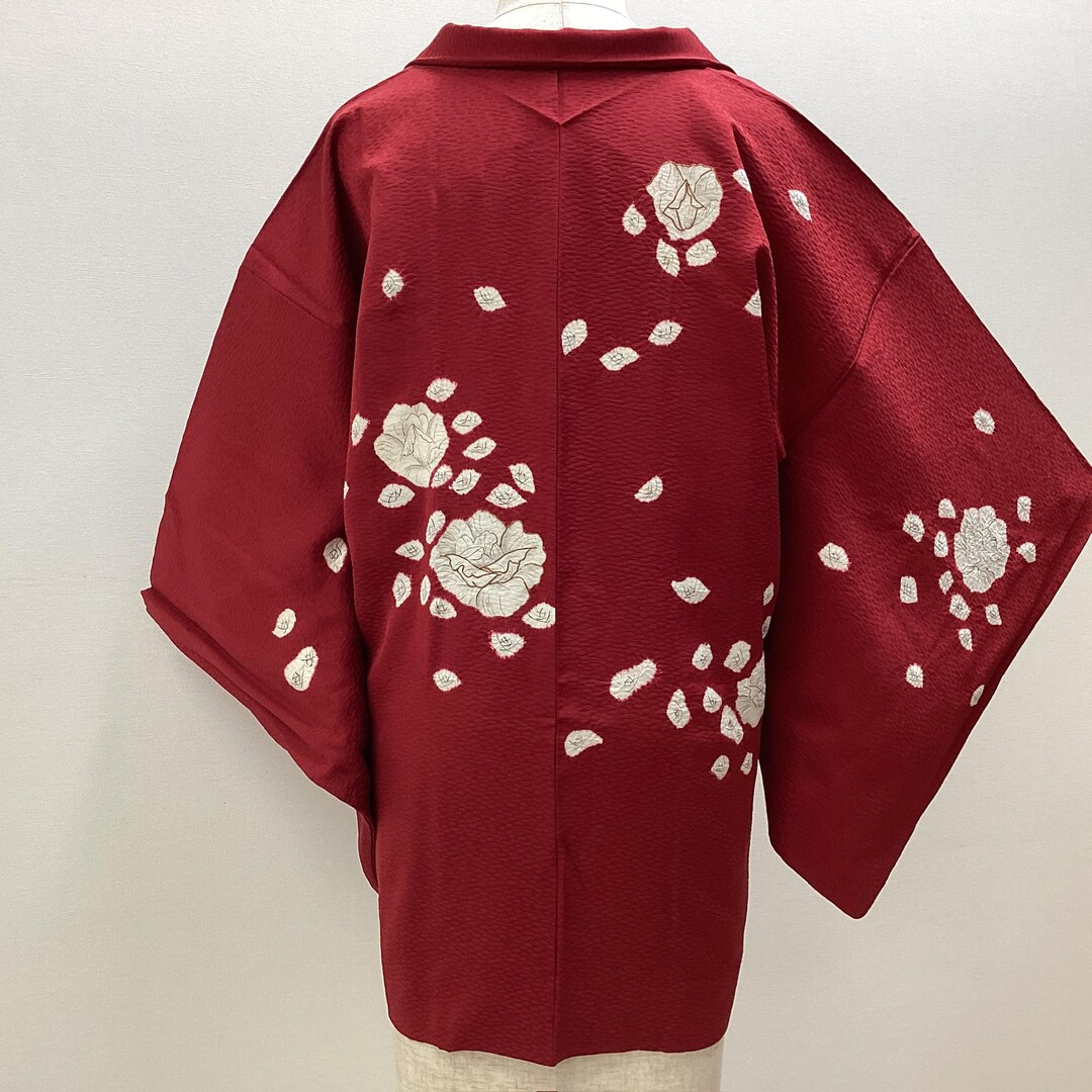 K254 Vintage Silk Kimono Haori Jacket : Bordeaux Shibori / Rose Motif ...