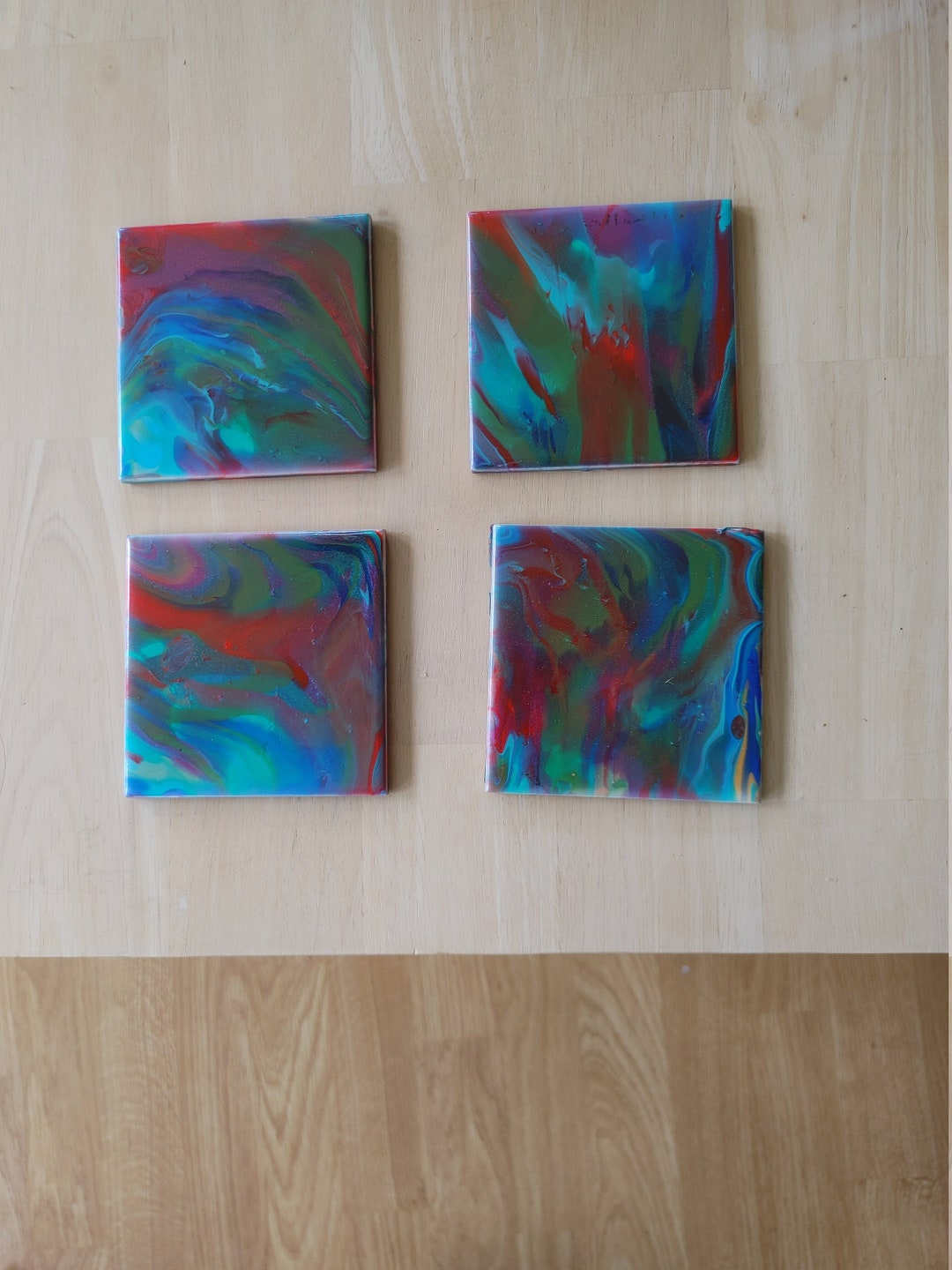 Multi Color Abstract Coasters Set of Four Blue Red and Green Colored ...