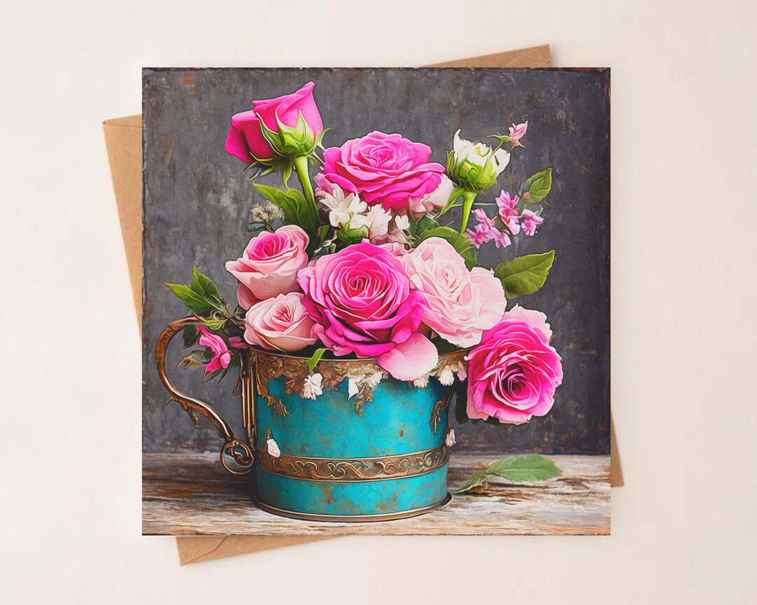 Pink Rose Bouquet Card, Birthday Card, Card for Her, Vintage Card ...