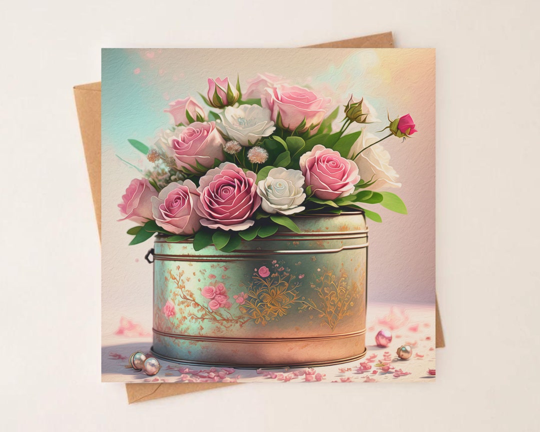 White Pink Rose Bouquet Card, Birthday Card, Card for Her, Vintage Card ...