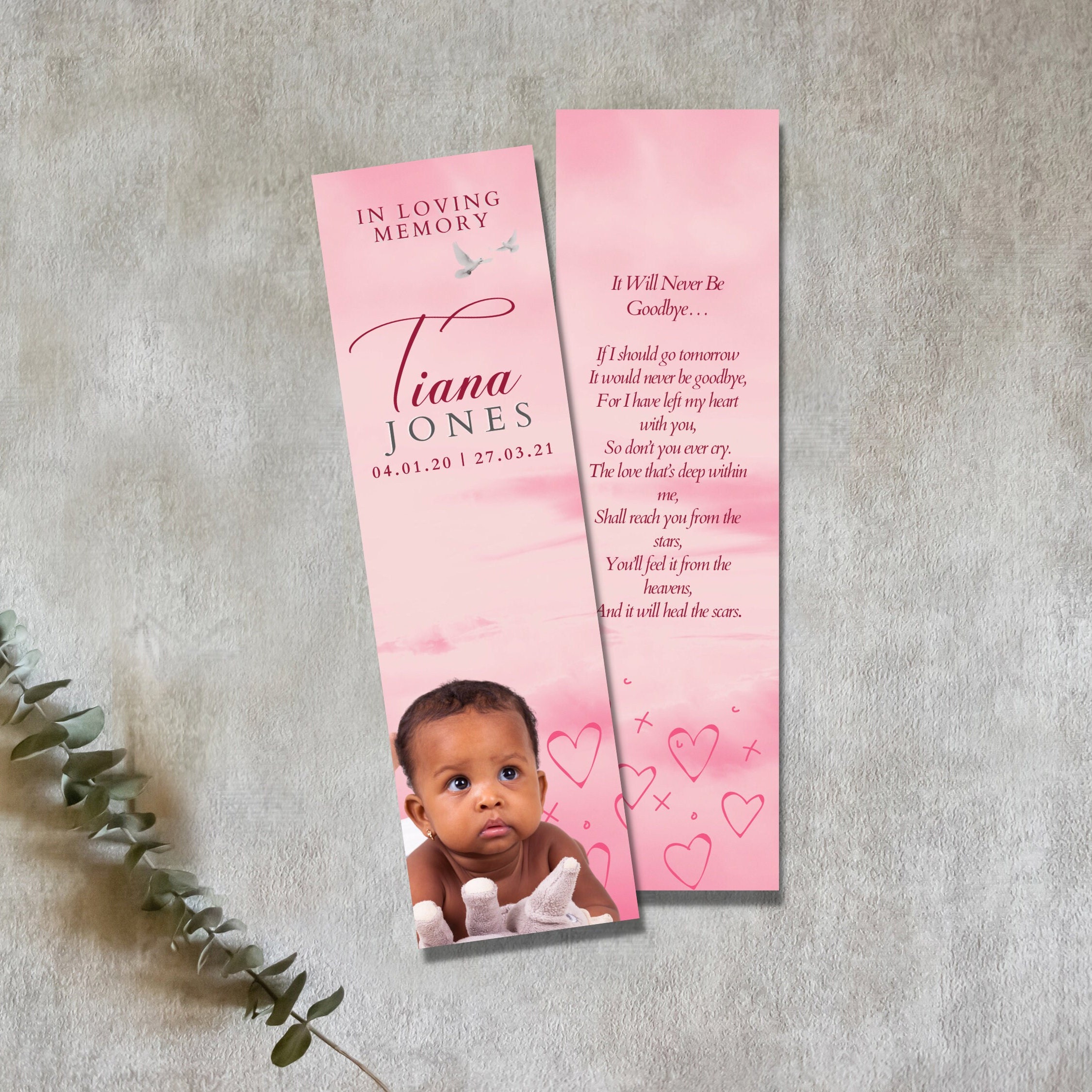 Pink Funeral Bookmark | Funeral Bookmark | Child Funeral Bookmark ...