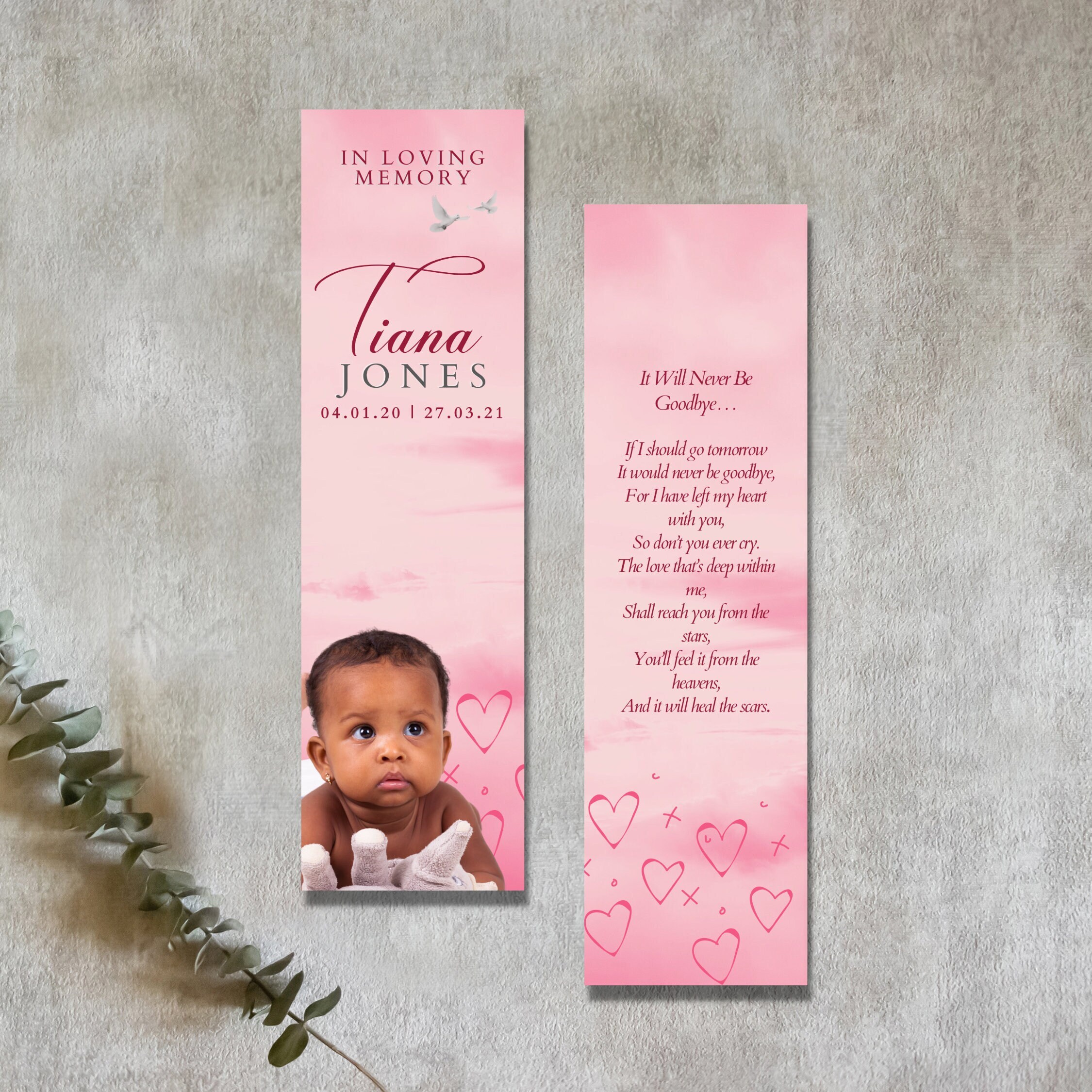 Pink Funeral Bookmark | Funeral Bookmark | Child Funeral Bookmark ...