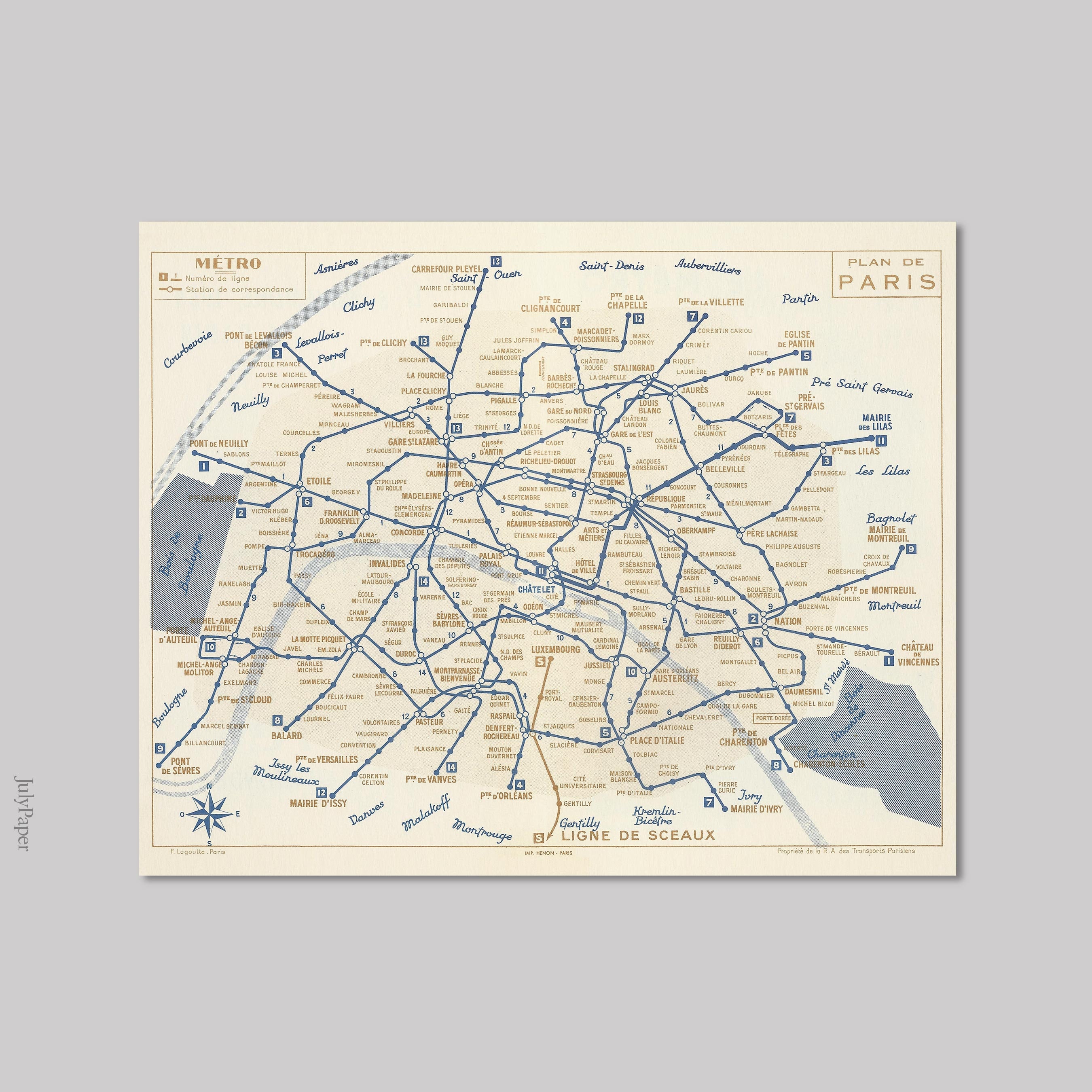 Old Map of Paris Metro, Map of Paris Metro 1956, RATP Plan Chemin De ...