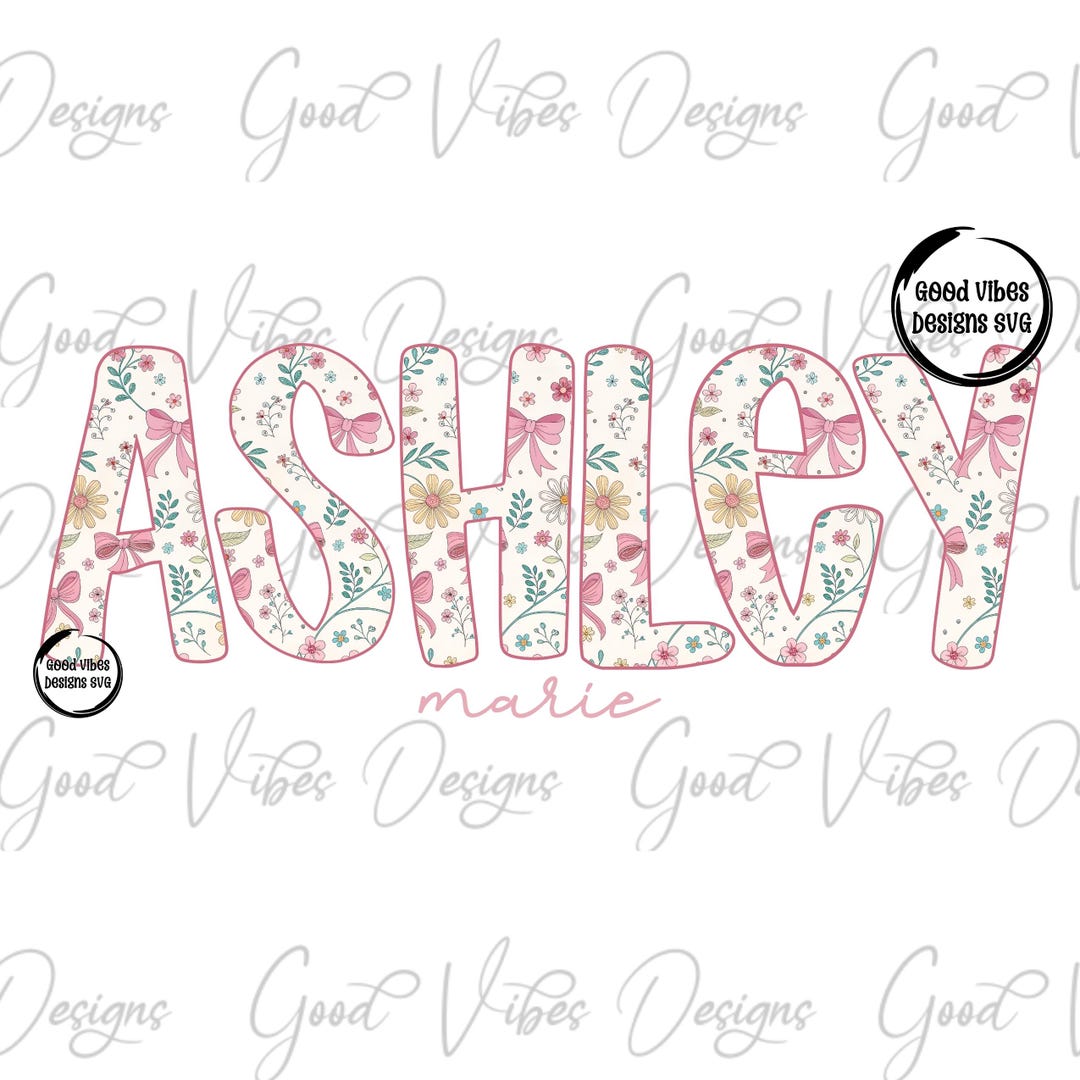 Custom Floral Name Png, Pink Bow Vintage Floral Font, Custom Floral ...