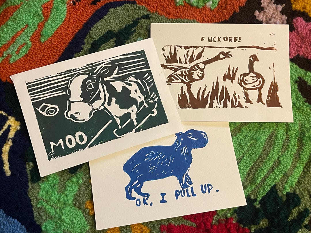 Silly Animals 3-pack 5x7' Prints, Hand-made Block Prints, Featuring ...