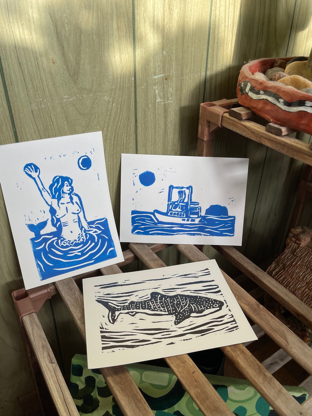 Ocean Block Print 3 Pack 5x7 Original Prints Mermaid, Whale Shark, Boat ...