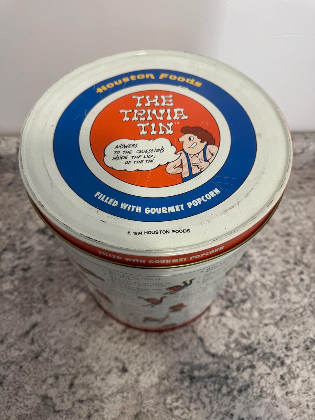 Vintage 1984 Houston Foods “the Trivia Tin” Popcorn Canister 24 Oz ...