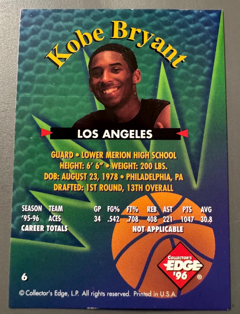 1996 Collector's Edge Kobe Bryant Rookie Rage Rookie Card #6 - Etsy