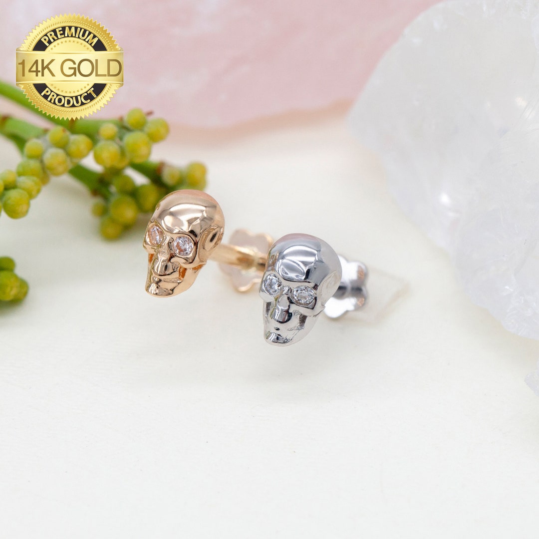 14K Solid Gold Skull Piercing, Minimalist Tragus Piercing, Gold Stud Piercing, Stud Ear Piercing ...