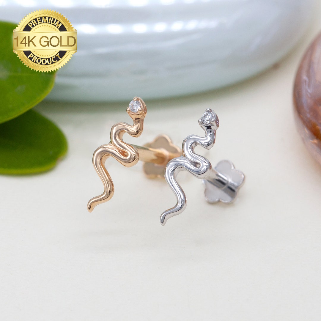 16G 14K Tiny Serpent Cartilage Gold Stud Earrings • Snake Tragus ...