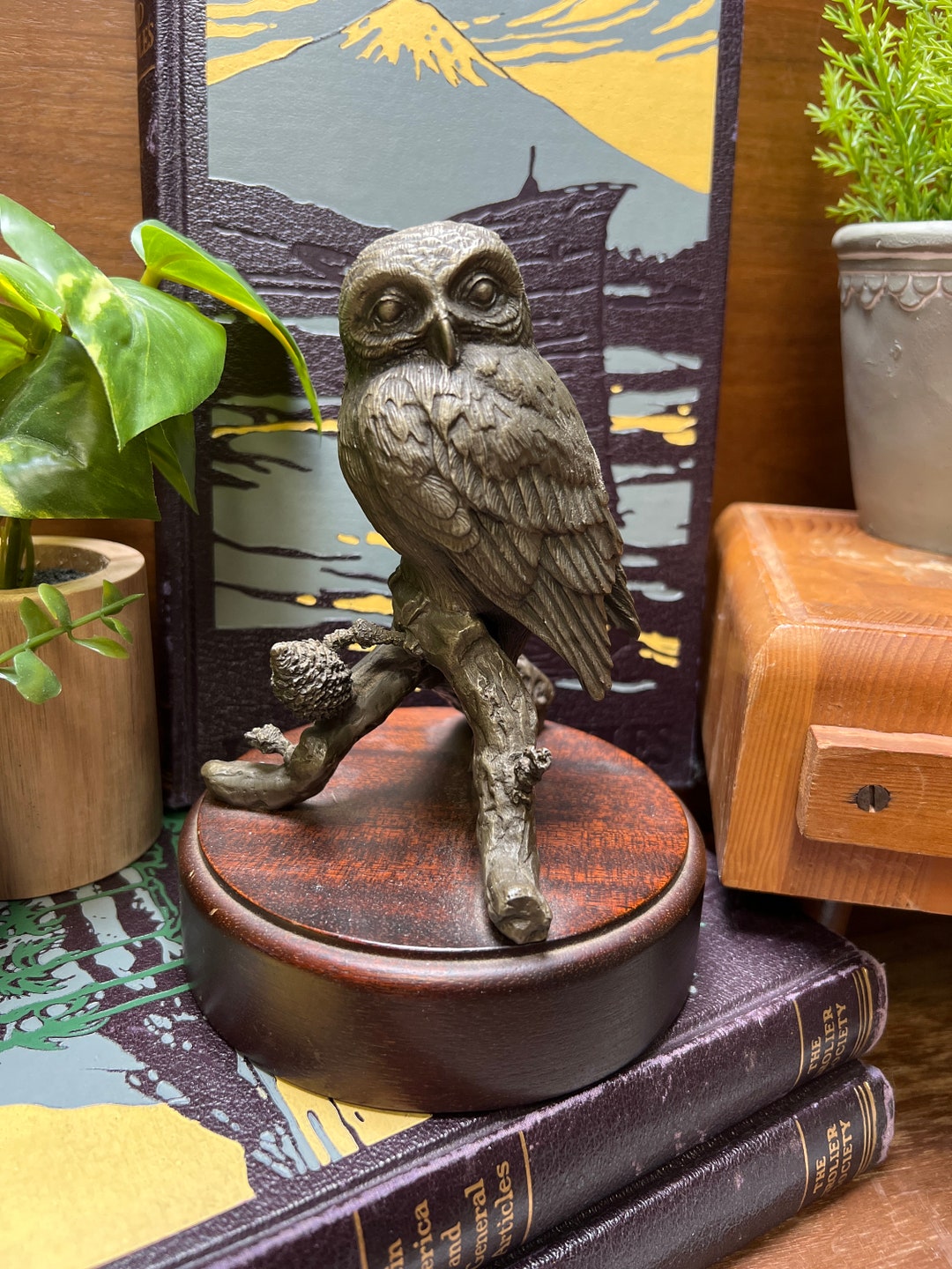 Vintage Burgues 1976 Pewter Pygmy Owl Statue on Wood Base. - Etsy