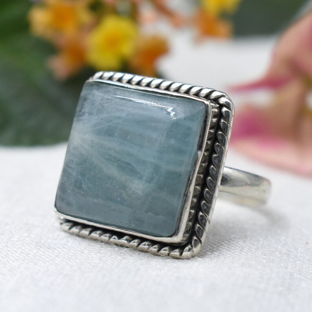 Natural Aquamarine Gemstone Ring, 925 Sterling Silver Ring, Handmade Ring, Square Gemstone Ring ...