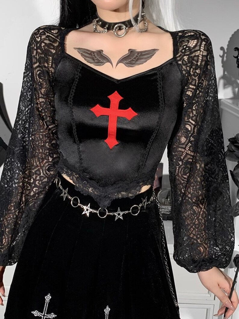 Cross Pattern Crop Top & Lace Long Sleeve Punk Top Grunge - Etsy