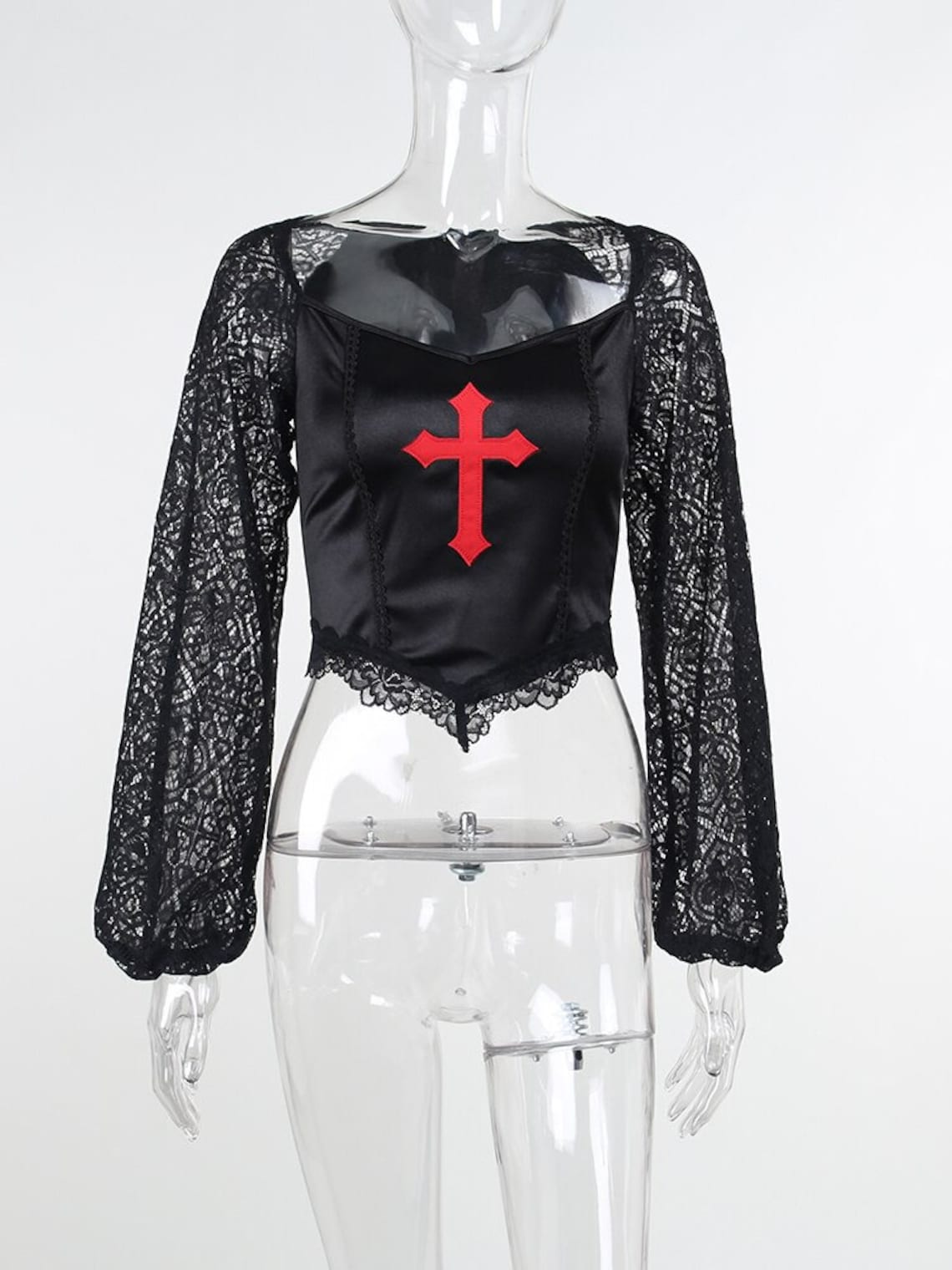 Cross Pattern Crop Top & Lace Long Sleeve Punk Top Grunge - Etsy