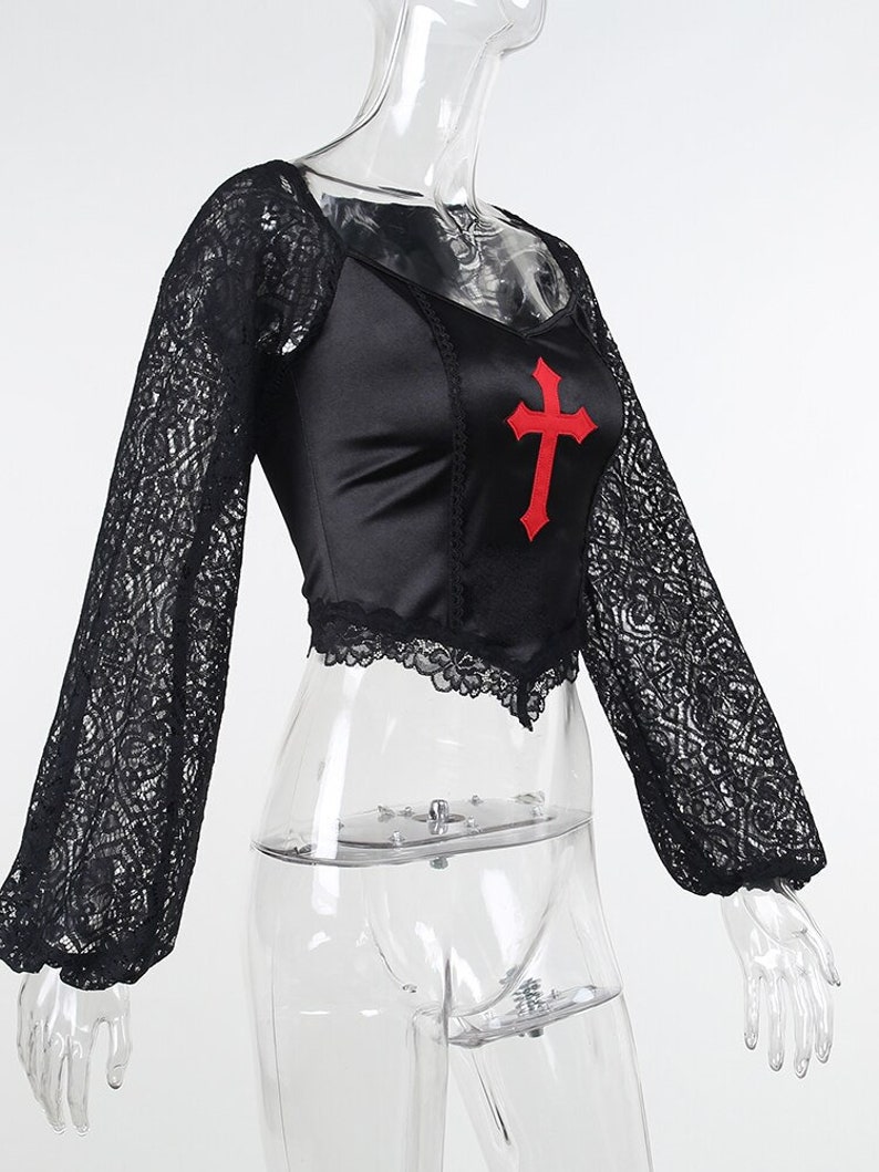 Cross Pattern Crop Top & Lace Long Sleeve Punk Top Grunge - Etsy