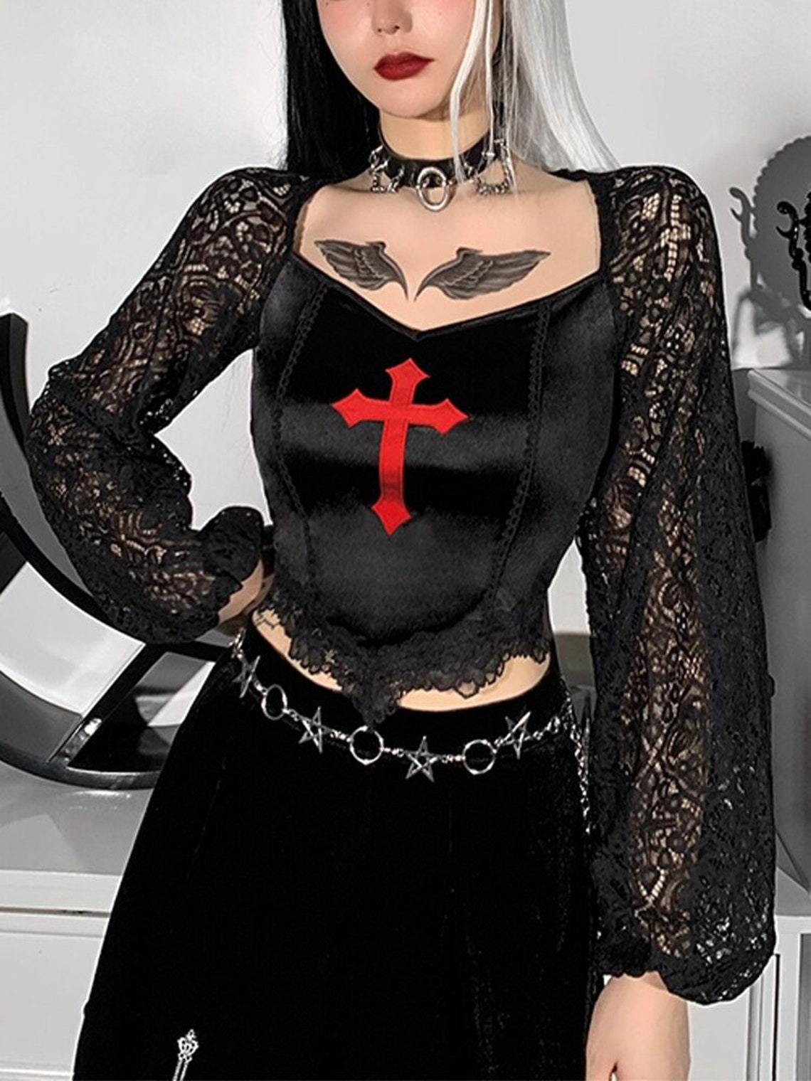 Cross Pattern Crop Top & Lace Long Sleeve Punk Top Grunge - Etsy