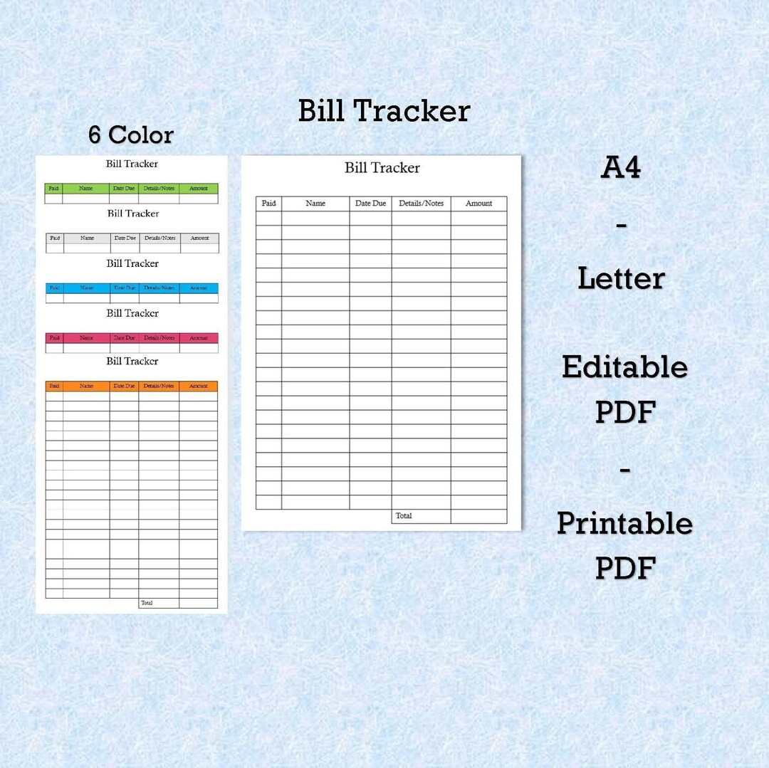Bill Tracker in Six Different Colors Printable A4 and Letter Fillable ...