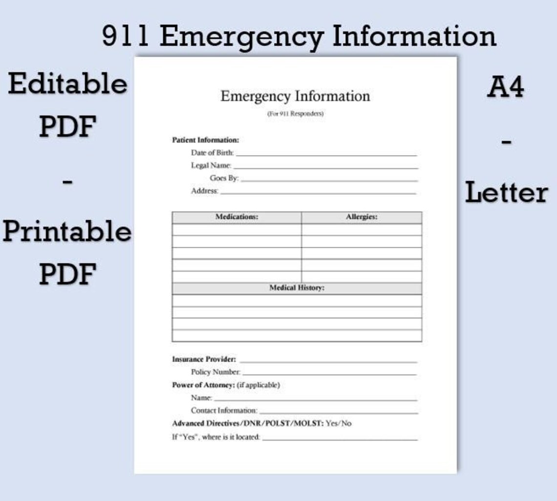 Emergency Information Flyer for First Responders, 911, Family Member ...