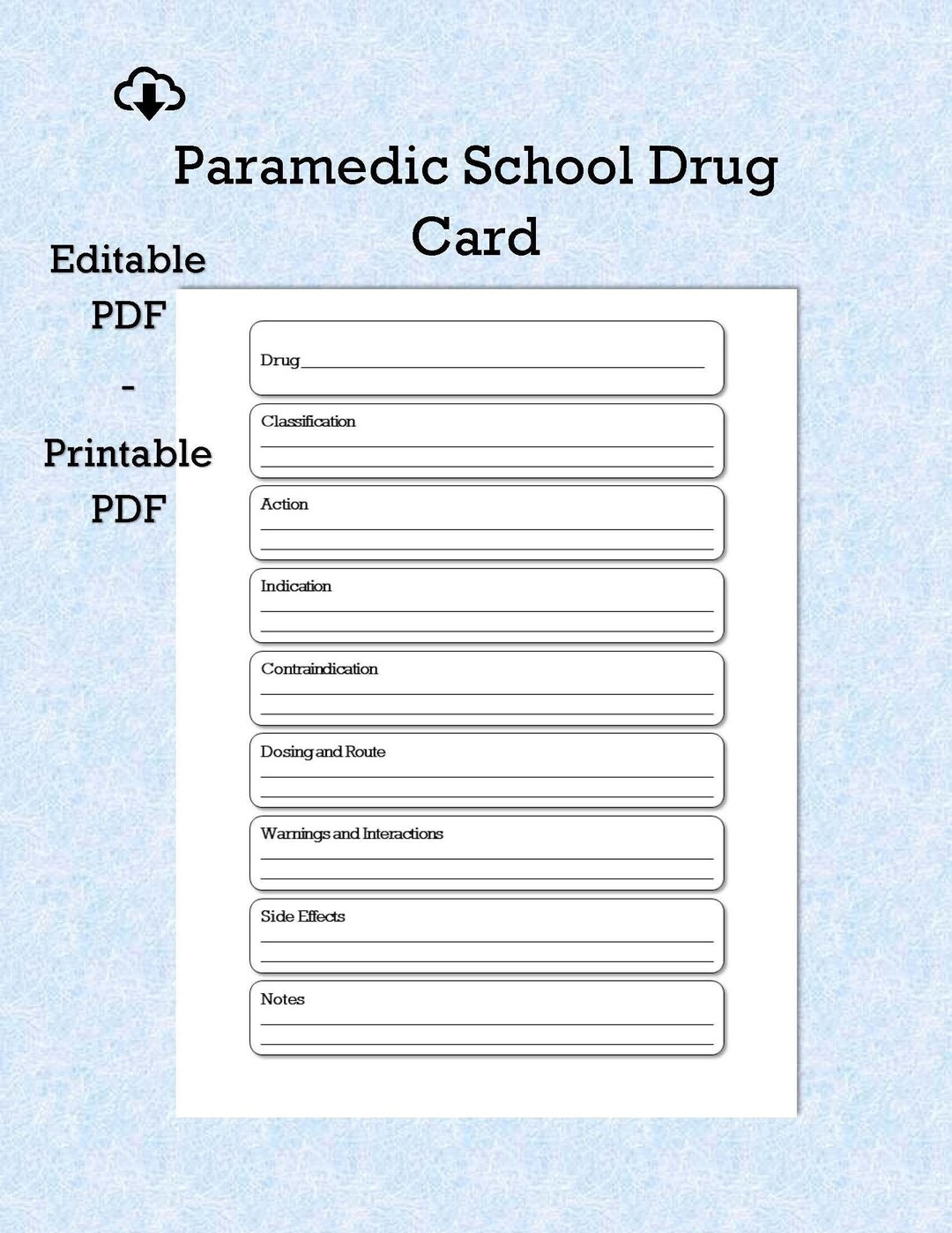 Paramedic School Drug Cards/pharmacology Template, Size Letter 8.5x11 ...