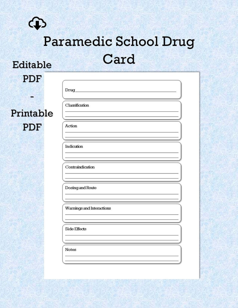 Paramedic School Drug Cards/pharmacology Template, Size Letter 8.5x11 ...