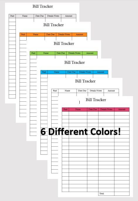 Bill Tracker in Six Different Colors Printable A4 and Letter Fillable ...