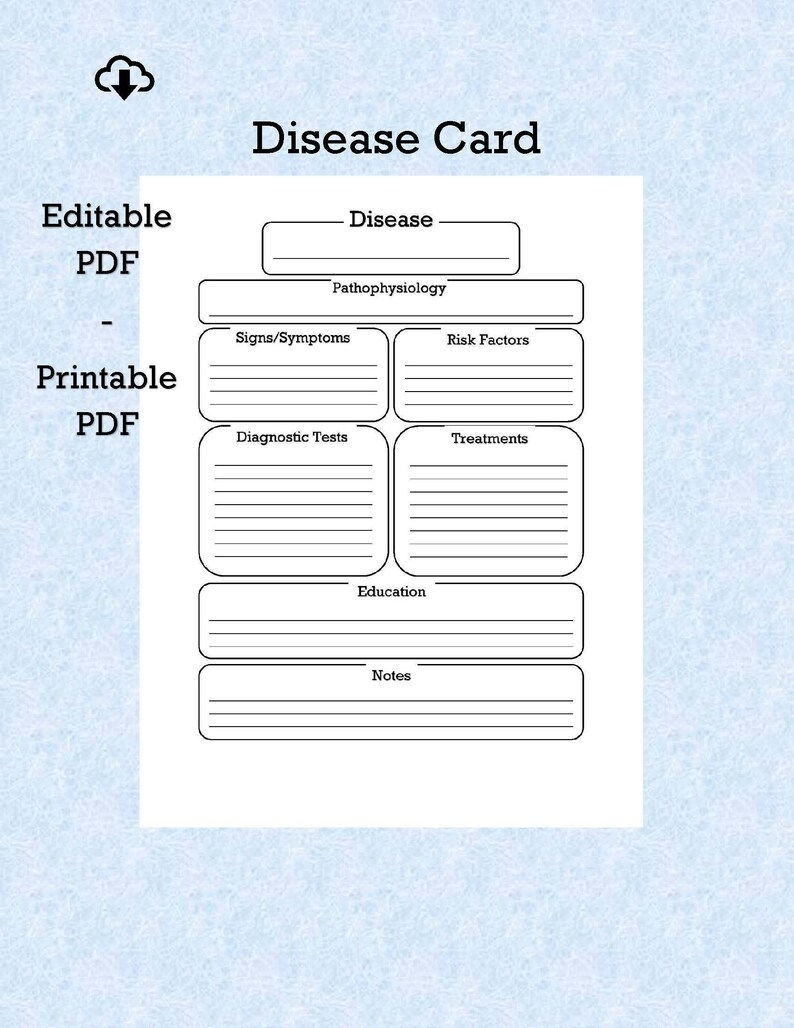 Paramedic and Nursing School Disease Card Template, Study Aid, Teachers ...