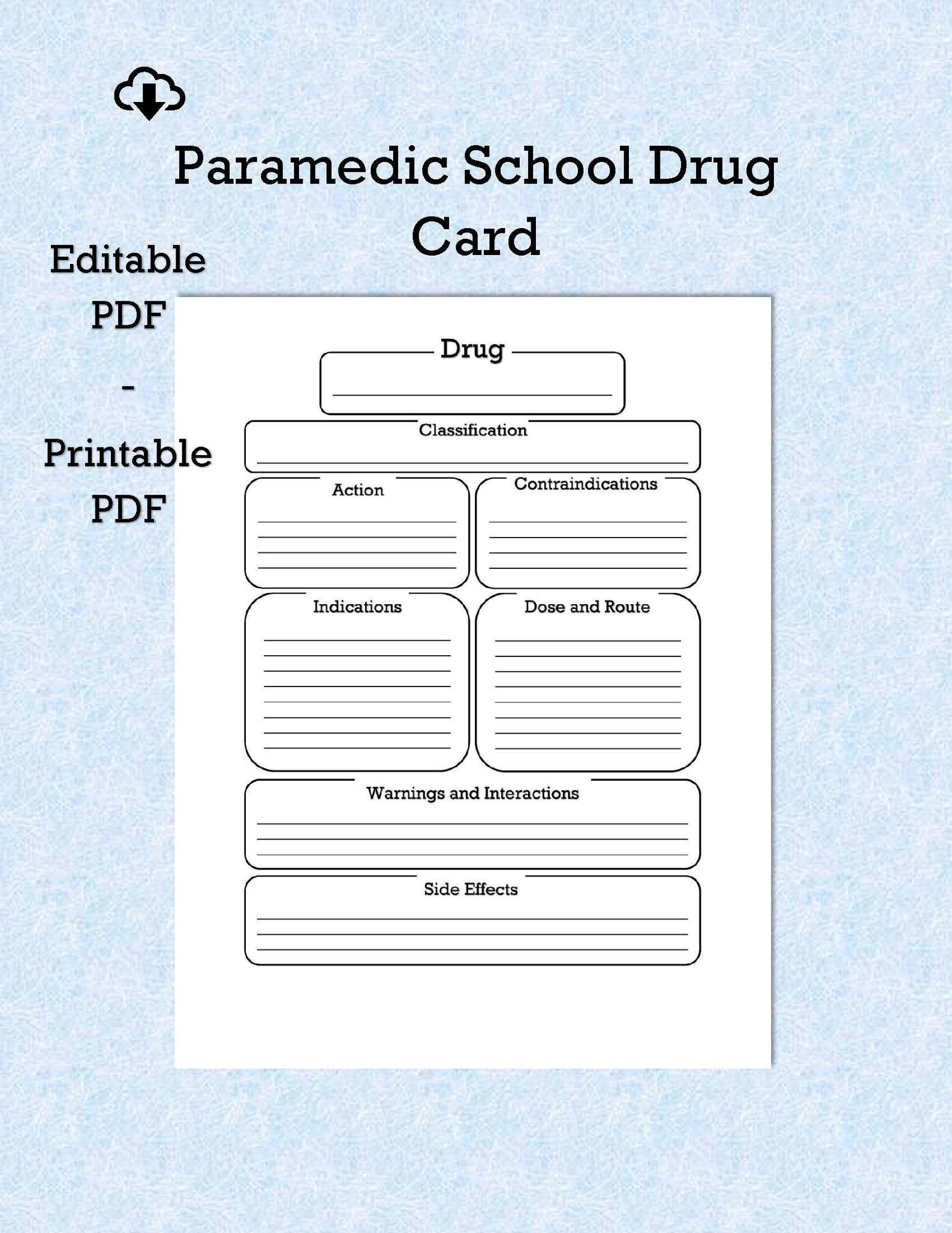 Paramedic School Drug Cards/pharmacology Template, Size Letter (8.5x11 ...