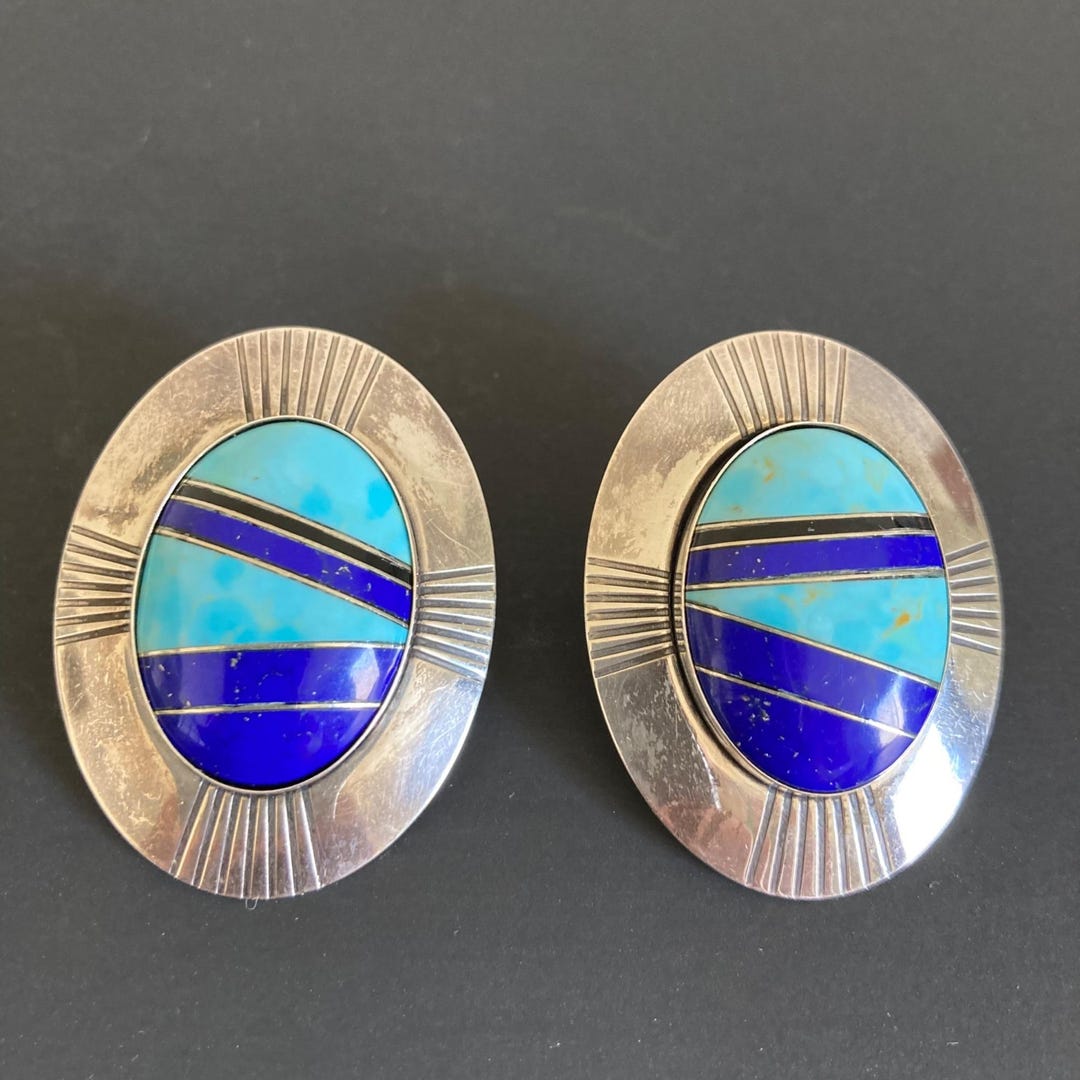 Sterling Silver Hopi Turquoise Lapis Lazuli Inlay Earrings by Milson ...
