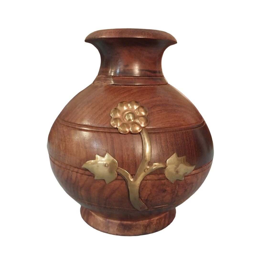 Hand Turned Wooden Vase With Applied Brass Flowers - Etsy