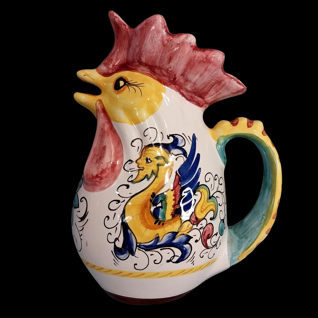 Vintage Italian Pottery Rooster Water Pitcher Dragon of Fortune Pattern ...