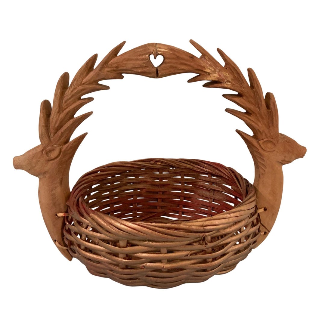 Woven Basket With Wooden Deer Heads Handle Gold Farmhouse Country Lodge ...