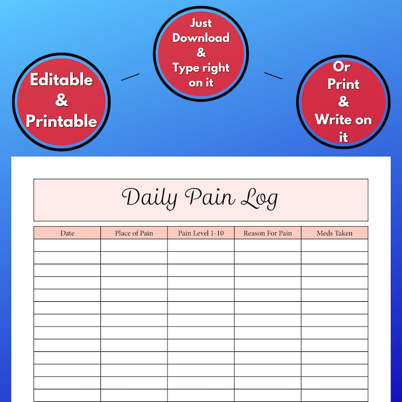 Daily Pain Tracker Editable & Printable Template, Instant Digital ...